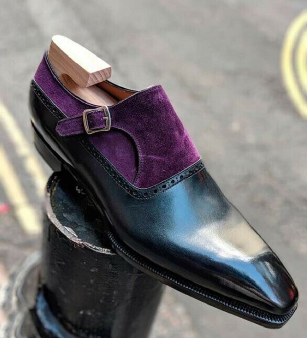Men’s Handmade Leather & Suede Buckle Shoes, Men’s Black & Purple Shoes ...